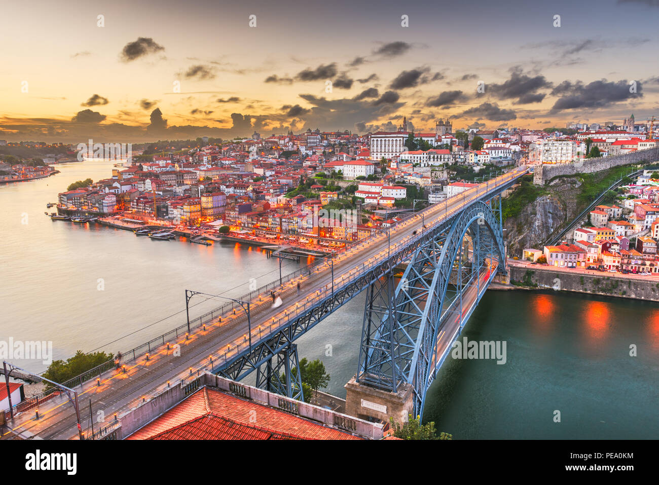 Porto, Portugal Skyline over Dom Luis I Bridge and Douro River Stock ...