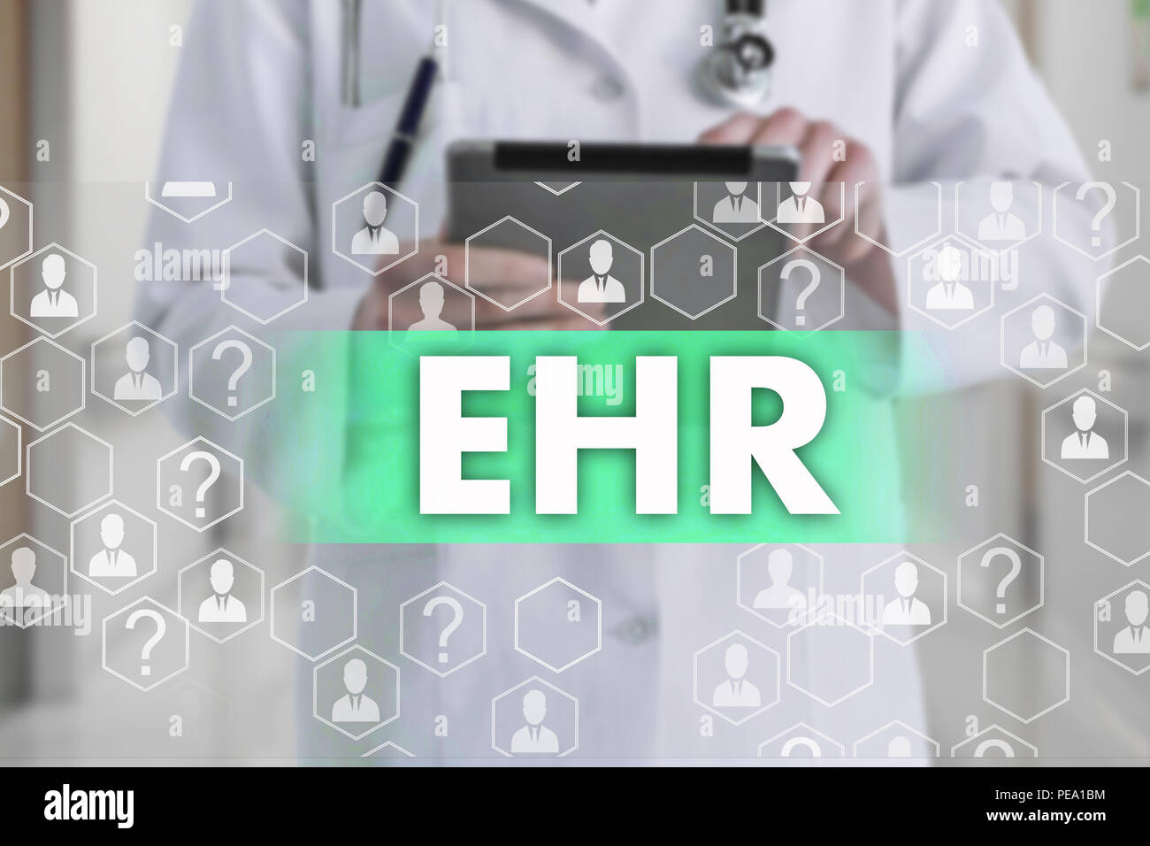 Electronic health record. EHR on the touch screen with medicine icons ...