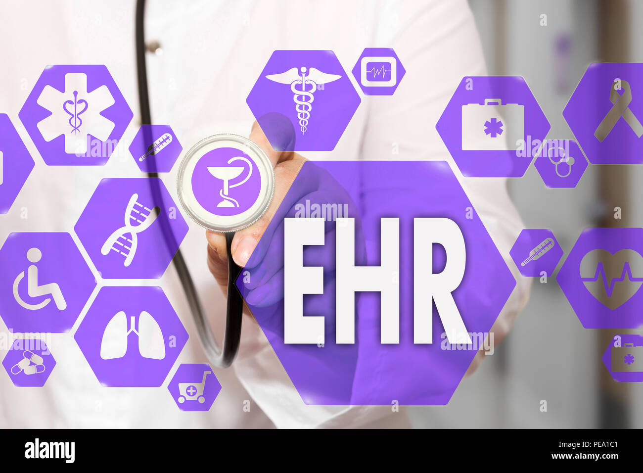 Electronic health record. EHR on the touch screen with medicine icons ...