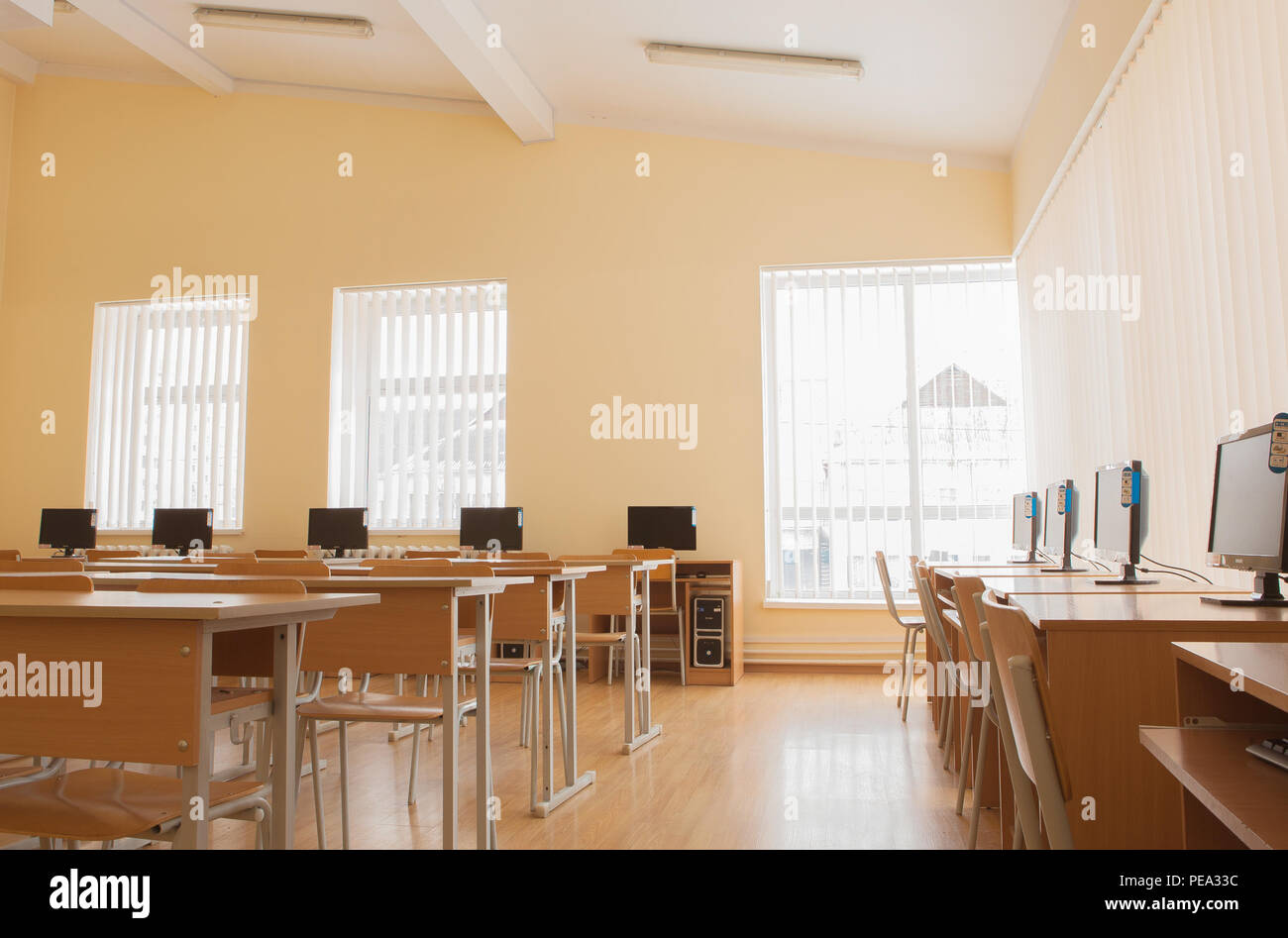 interior of classroom with computers, computer study lab Stock Photo ...