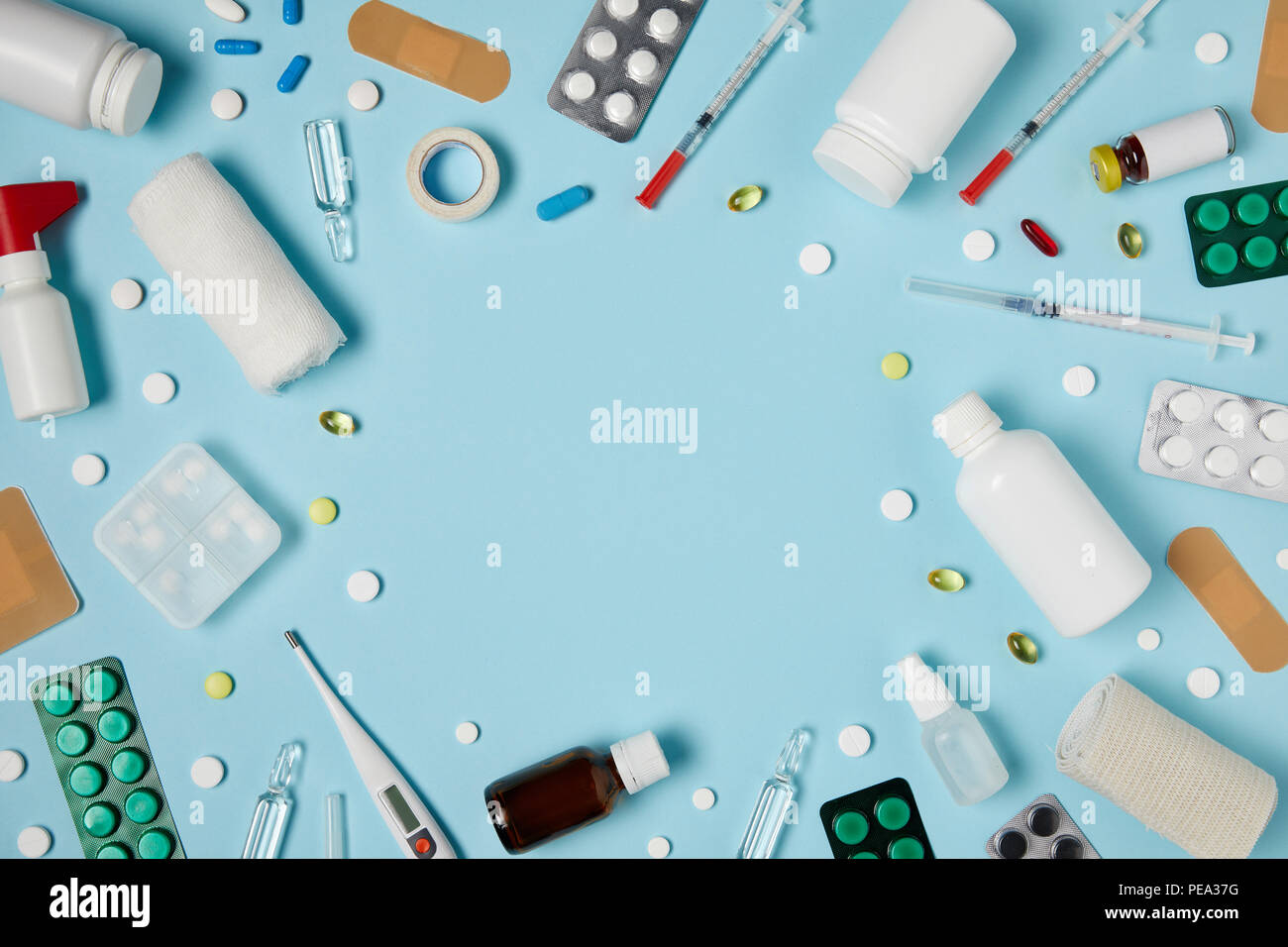 top view of frame made of different medicines on blue surface Stock ...