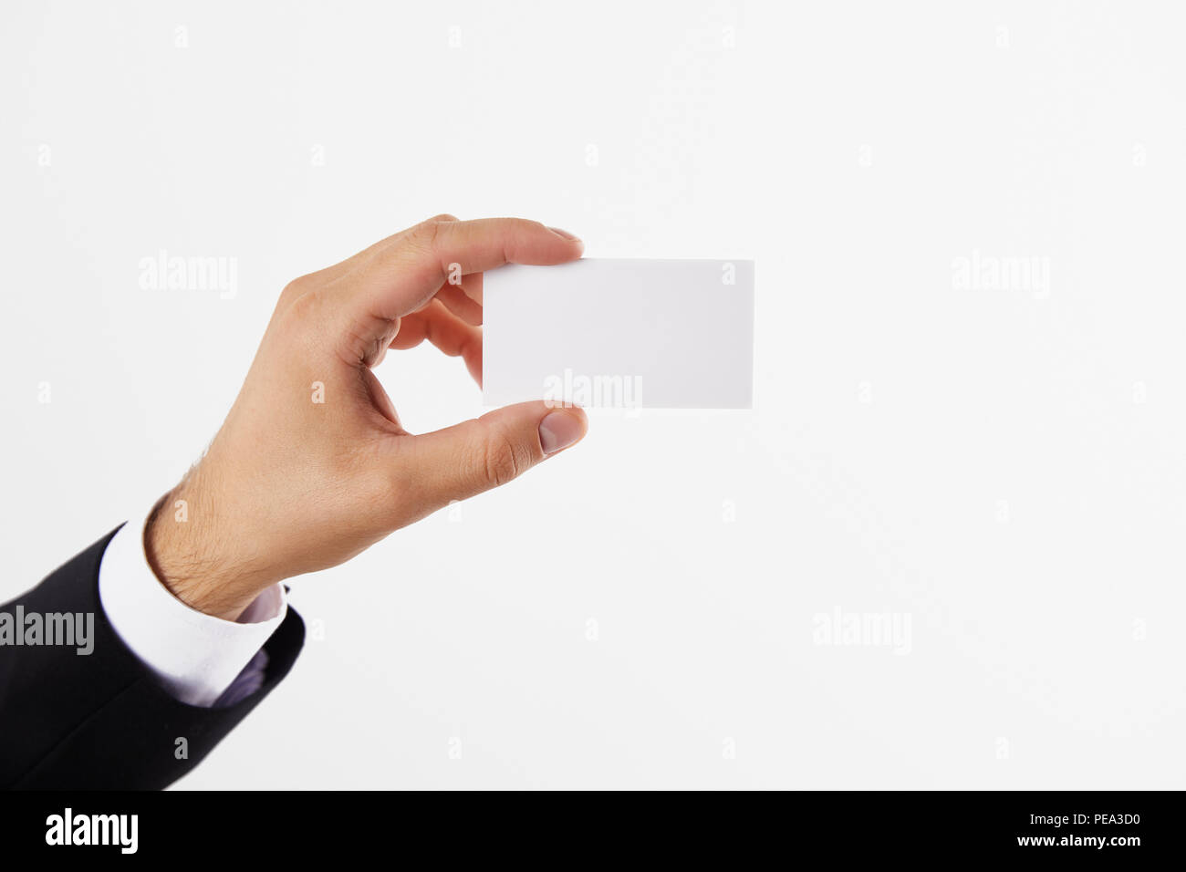 cropped image of businessman presenting blank visit card isolated on ...