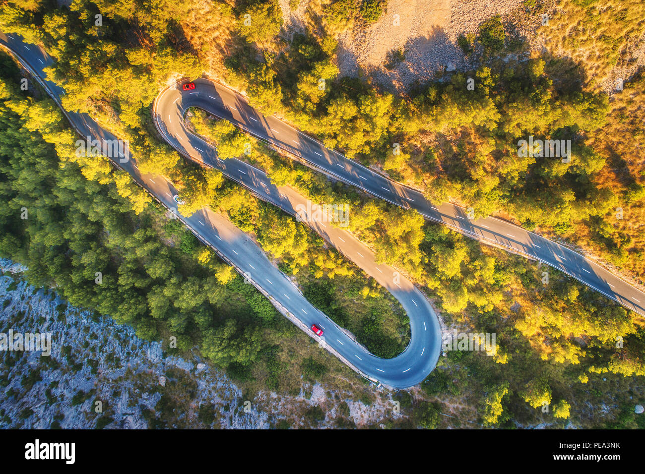 Aerial view of mountain curve road with cars, green forest at sunset in ...