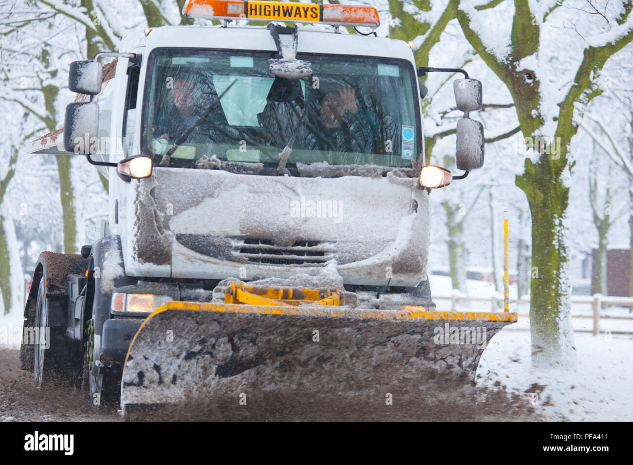 A snow plough on the road around Leeds Stock Photo - Alamy