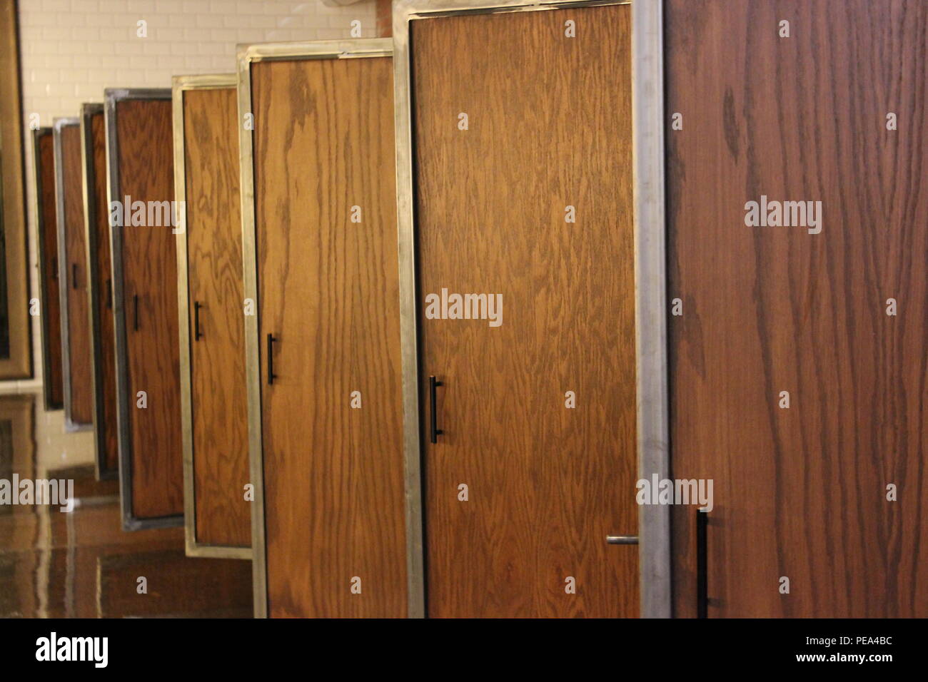 Row of open toilet stall doors at Architectural Artifacts in Chicago ...