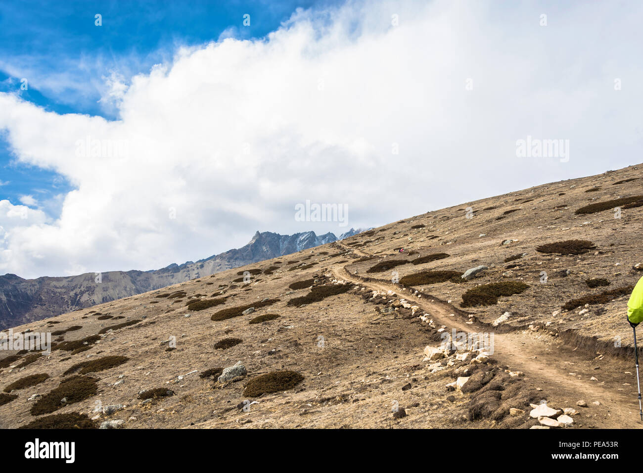 Long mountain trail on a steep slope in the Himalayas, Nepal Stock ...
