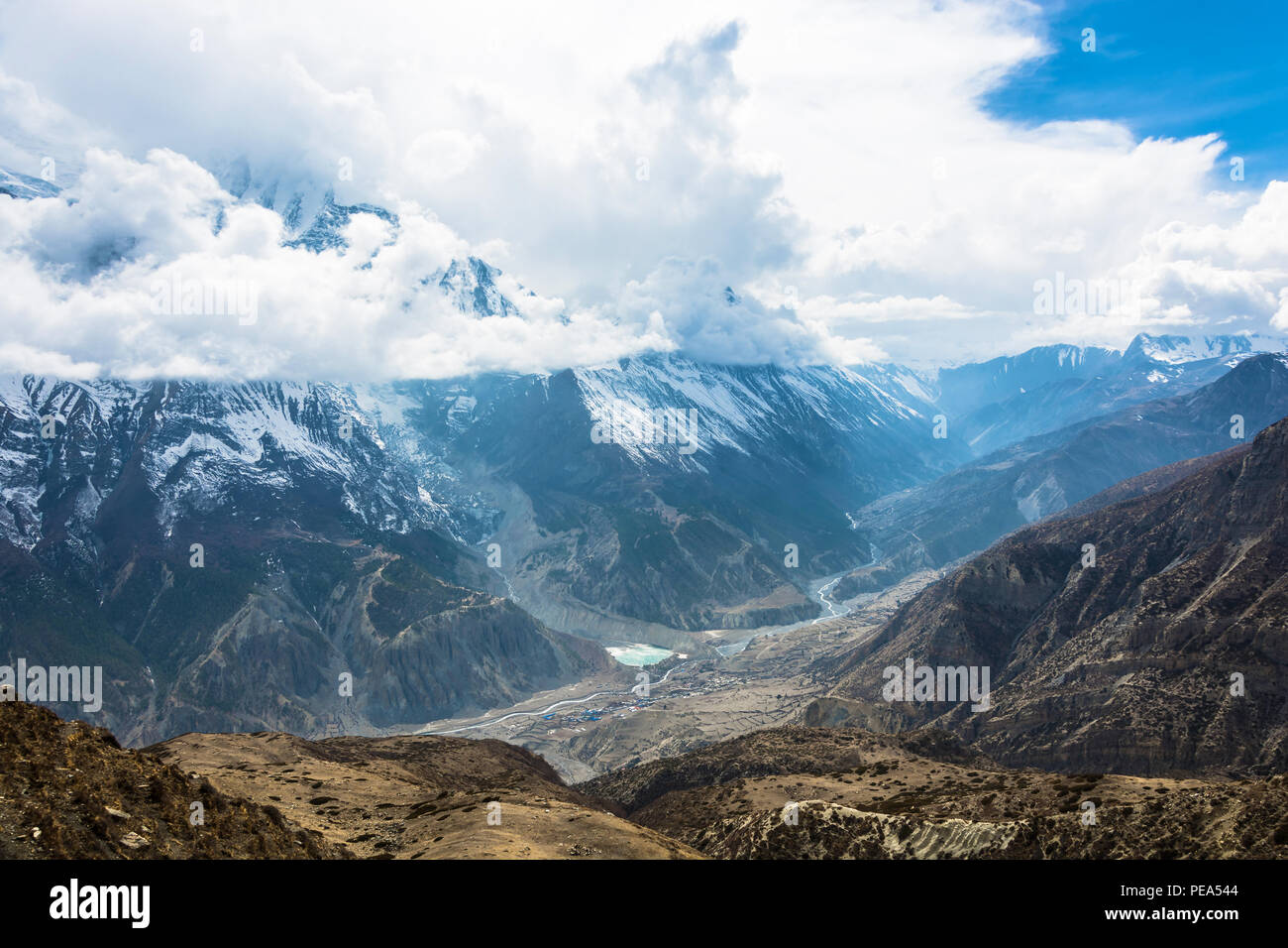 Beautiful view of Manang village and sacred Bagmati river in Himalayas ...