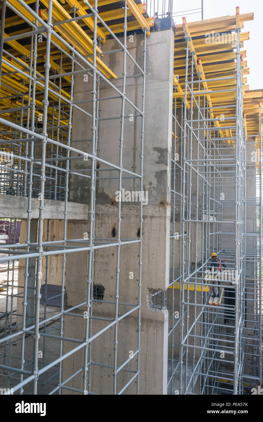the builder performs work standing on high scaffolding Stock Photo - Alamy