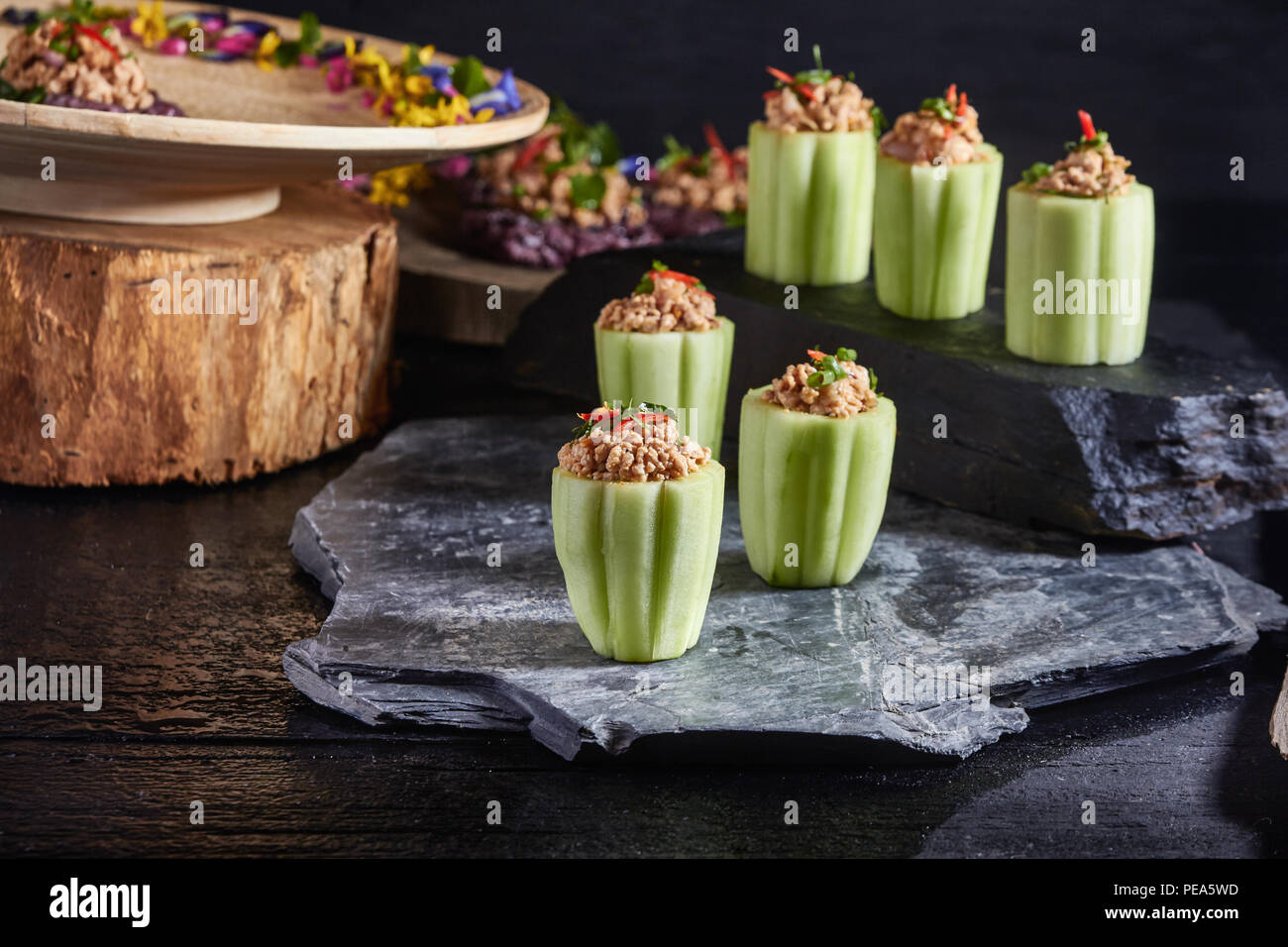 Spicy minced pork salad and sticky rice, Thai food Stock Photo - Alamy