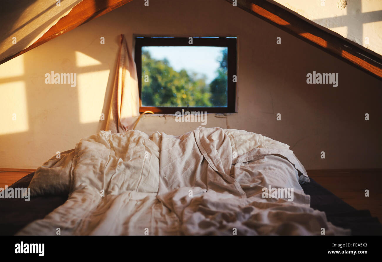 Village lifestyle in Serbia, empty small loft room during morning Stock ...