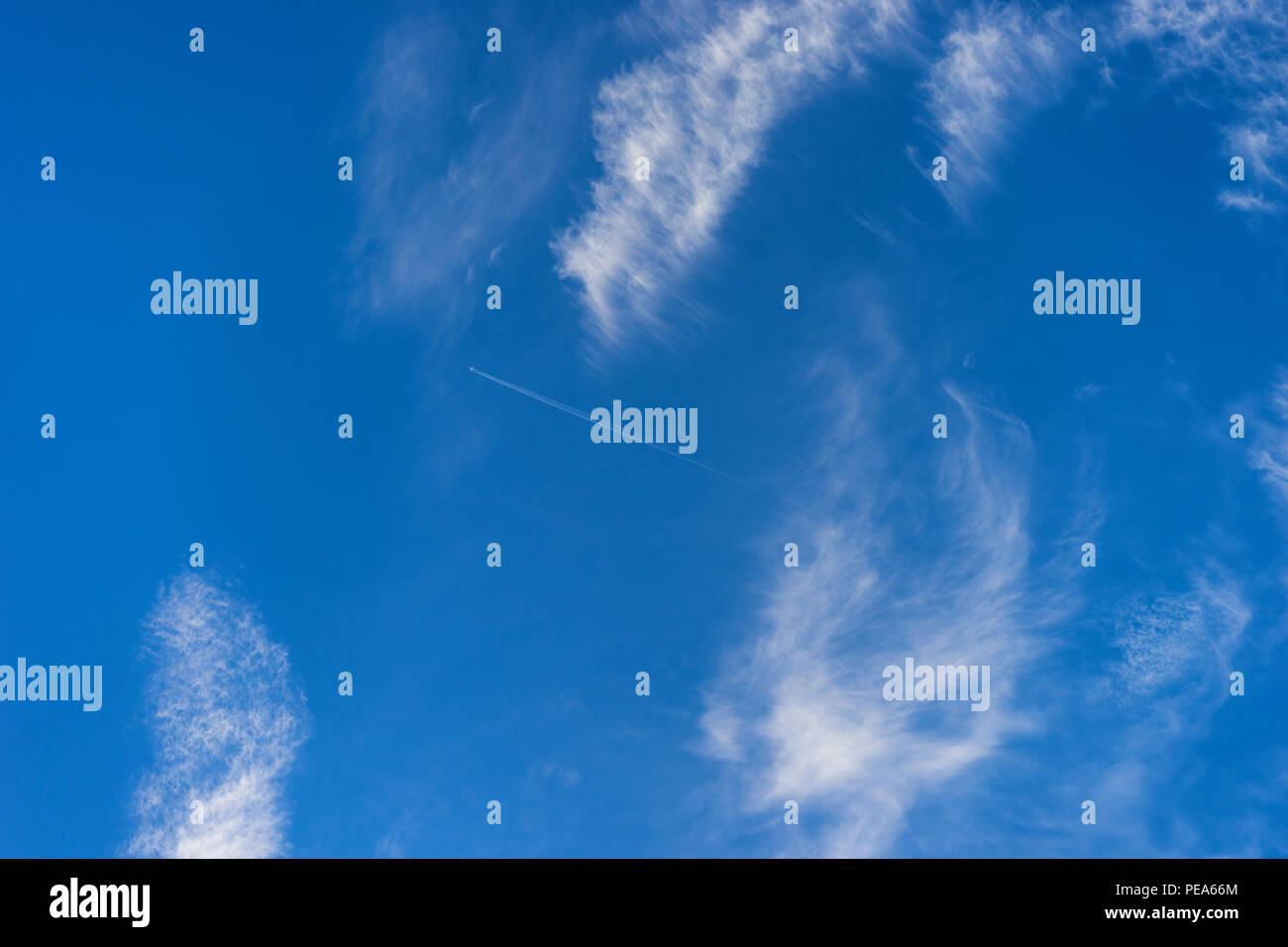 The plane flies high diagonal line in the blue sky among white clouds ...