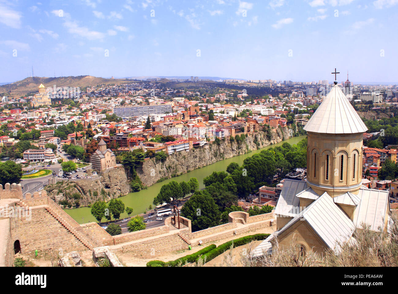 Aerial view on Tbilisi, georgian orthodox church, old traditional ...