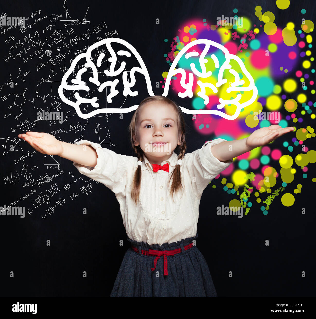 Child development concept. Happy little girl on blackboard background ...