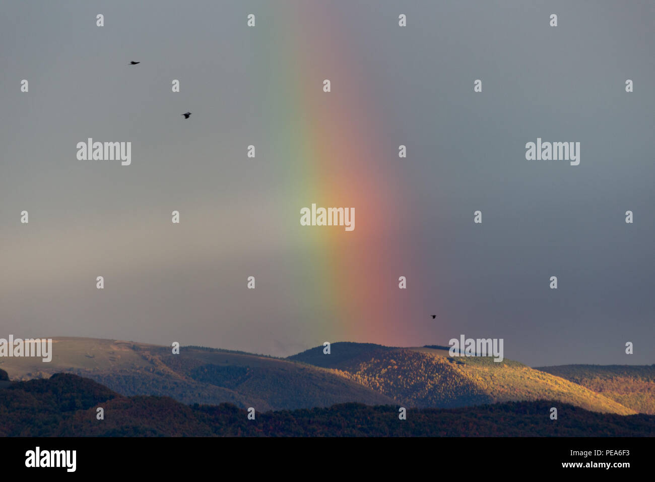 Beautiful and surreal view of part of a rainbow over some hills with ...