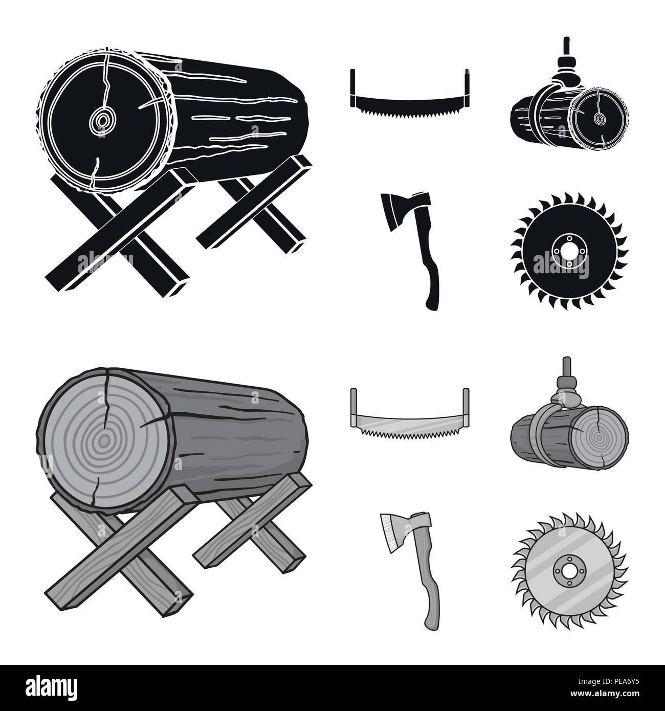 Log on supports, two-hand saw, ax, raising logs. Sawmill and timber set ...