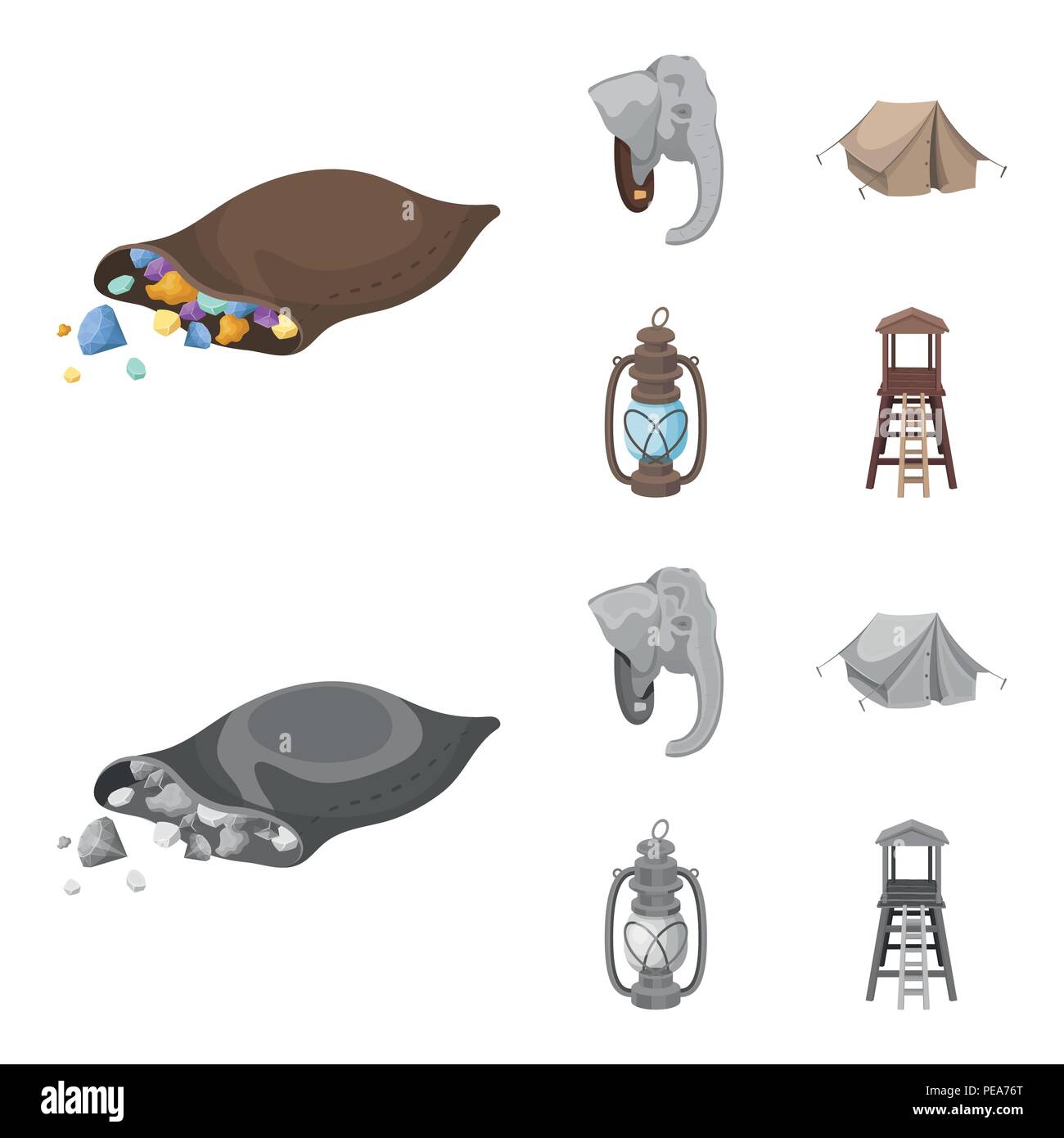 A bag of diamonds, an elephant head, a kerosene lamp, a tent. African ...