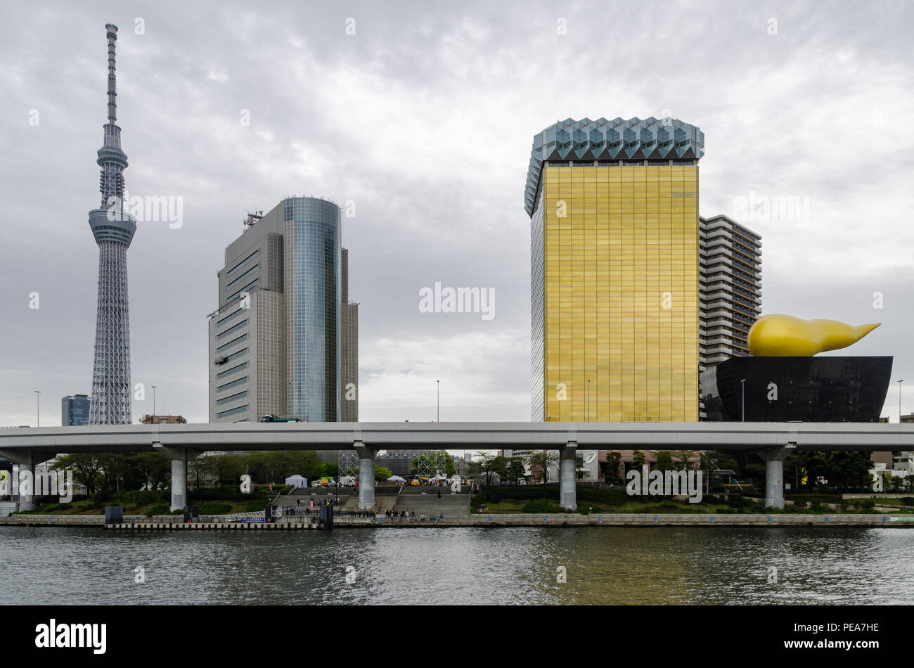Iconic buildings as seen from Sumida Park, across Sumida River. Those ...