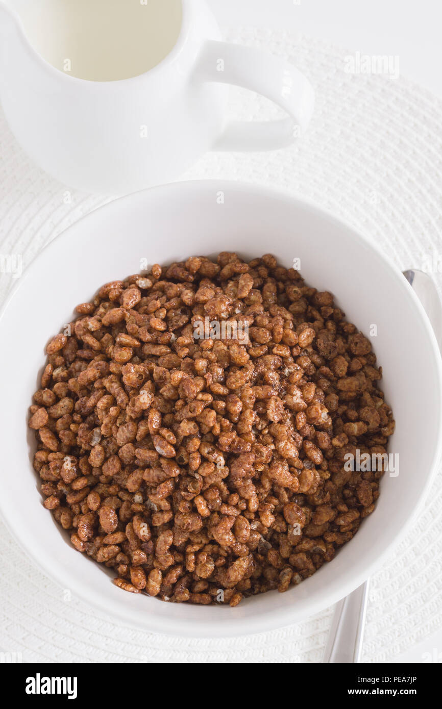 Chocolate flavoured crispy rice breakfast cereal top down view Stock ...