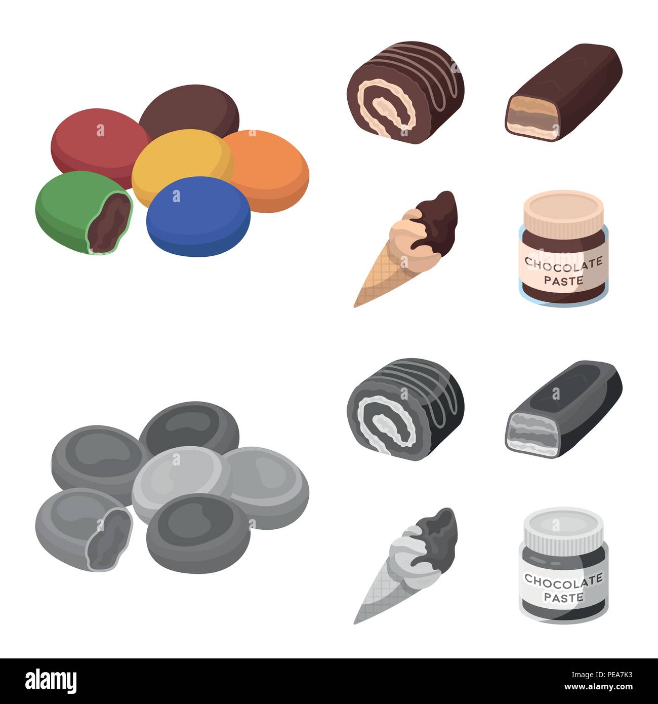Dragee, roll, chocolate bar, ice cream. Chocolate desserts set ...