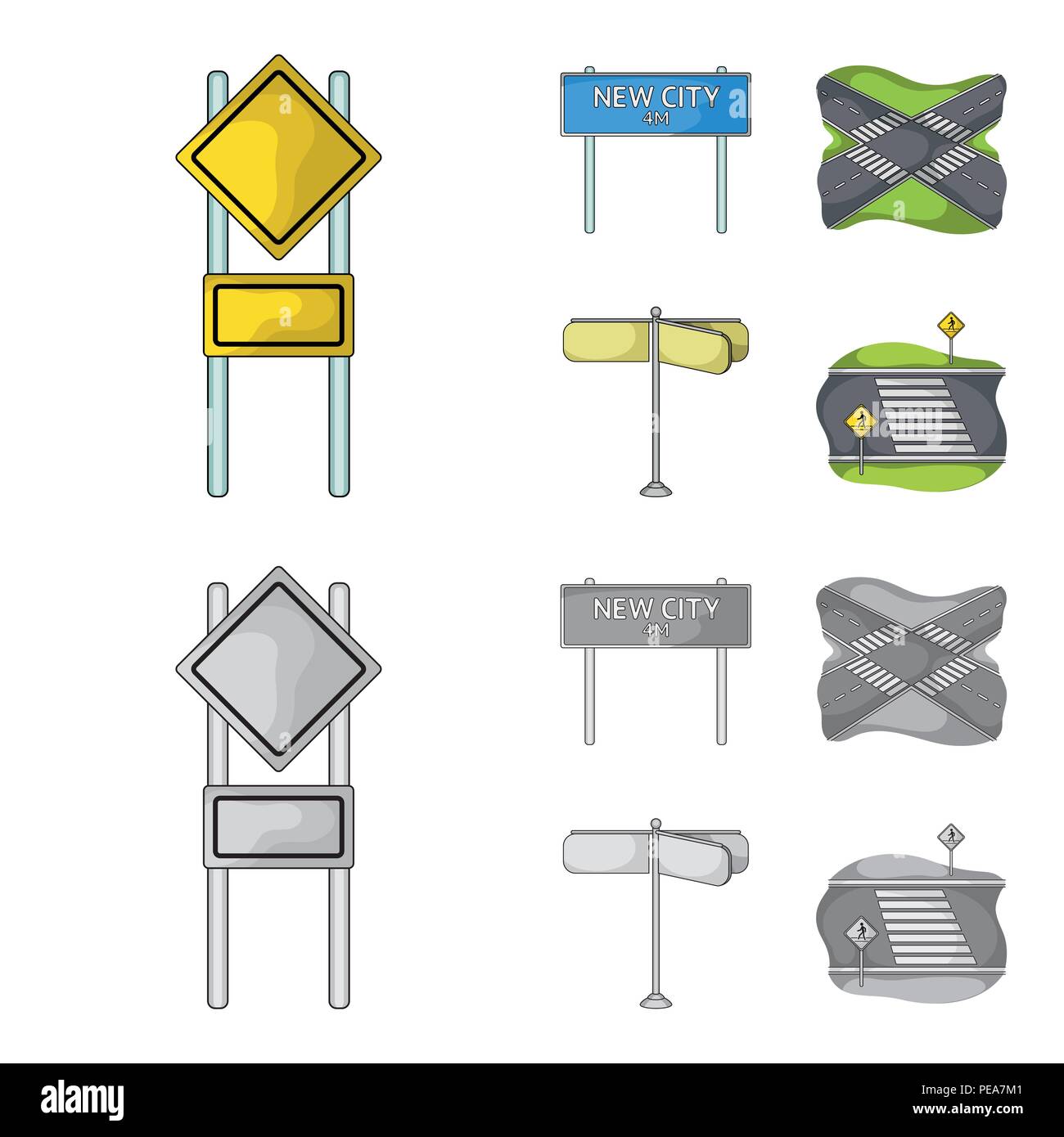 Road signs and other icon in cartoon,monochrome style.Road junctions ...