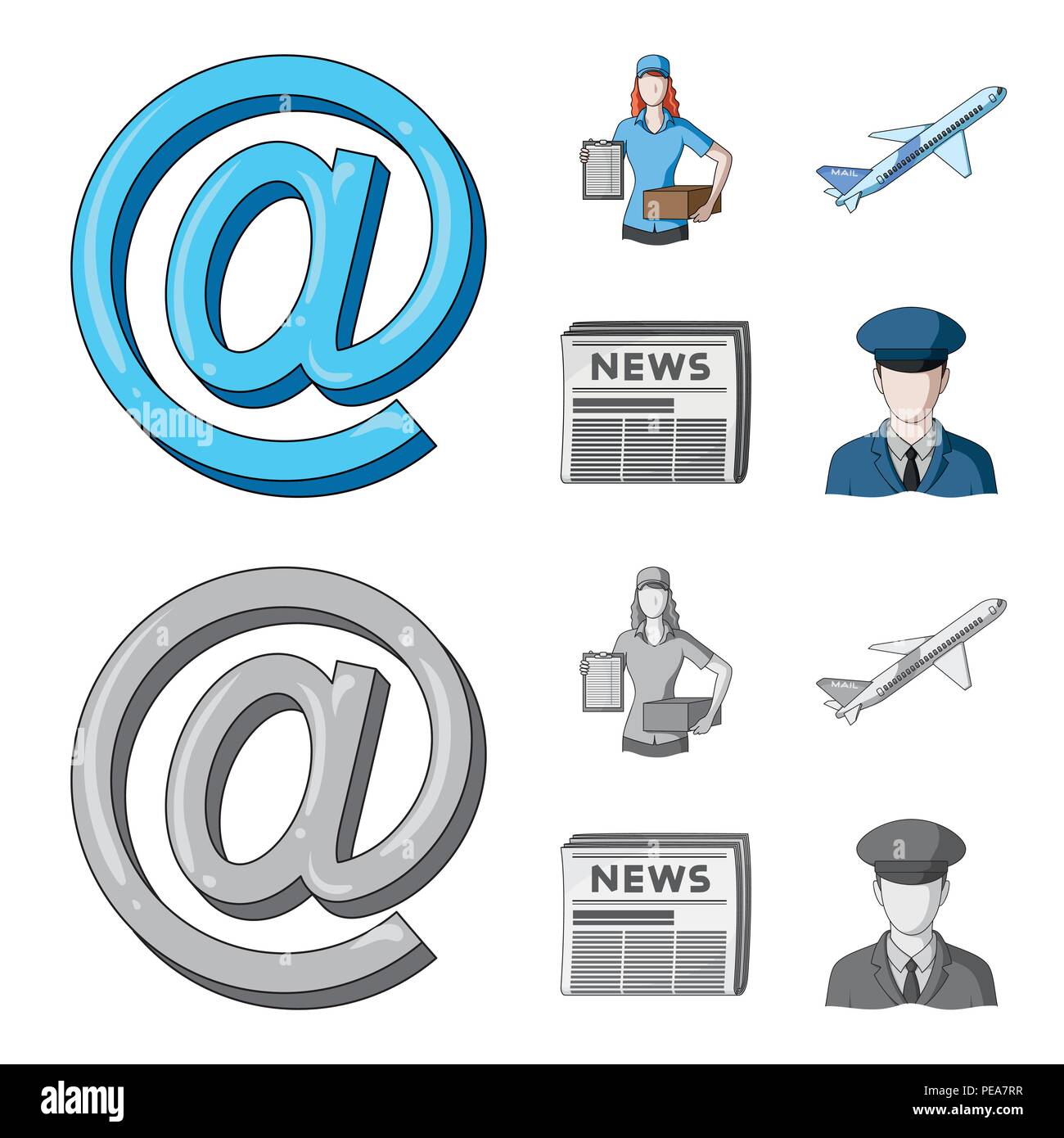 Email symbol, courier with parcel, postal airplane, pack of newspapers ...