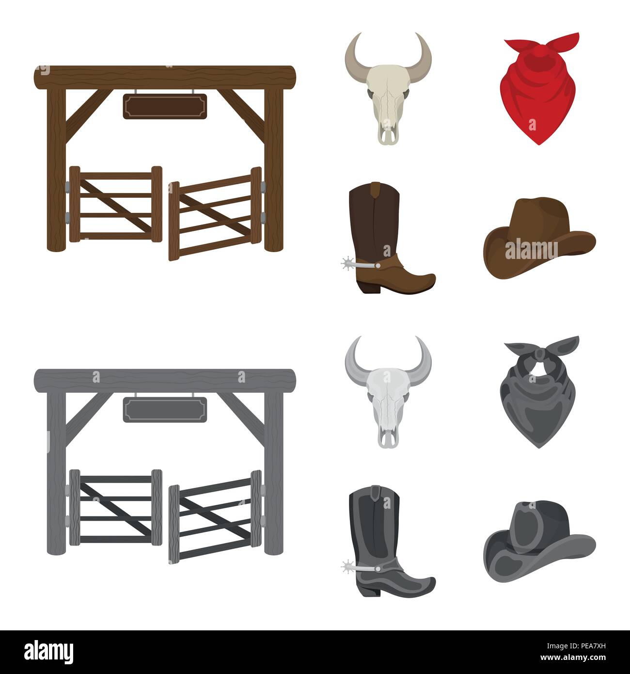 Gates, a bull skull, a scarf around his neck, boots with spurs. Rodeo ...