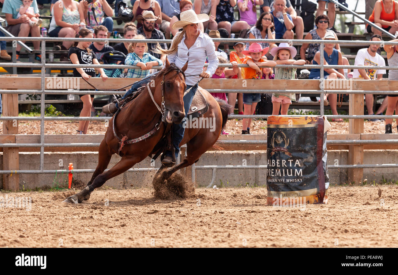Cowgirls guide their quarterhorses through the barrell racing course ...