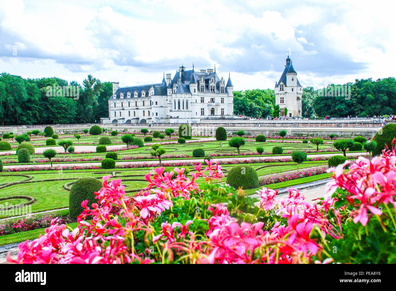 The Chateau de Chenonceau with flowers is a French chateau spanning the ...