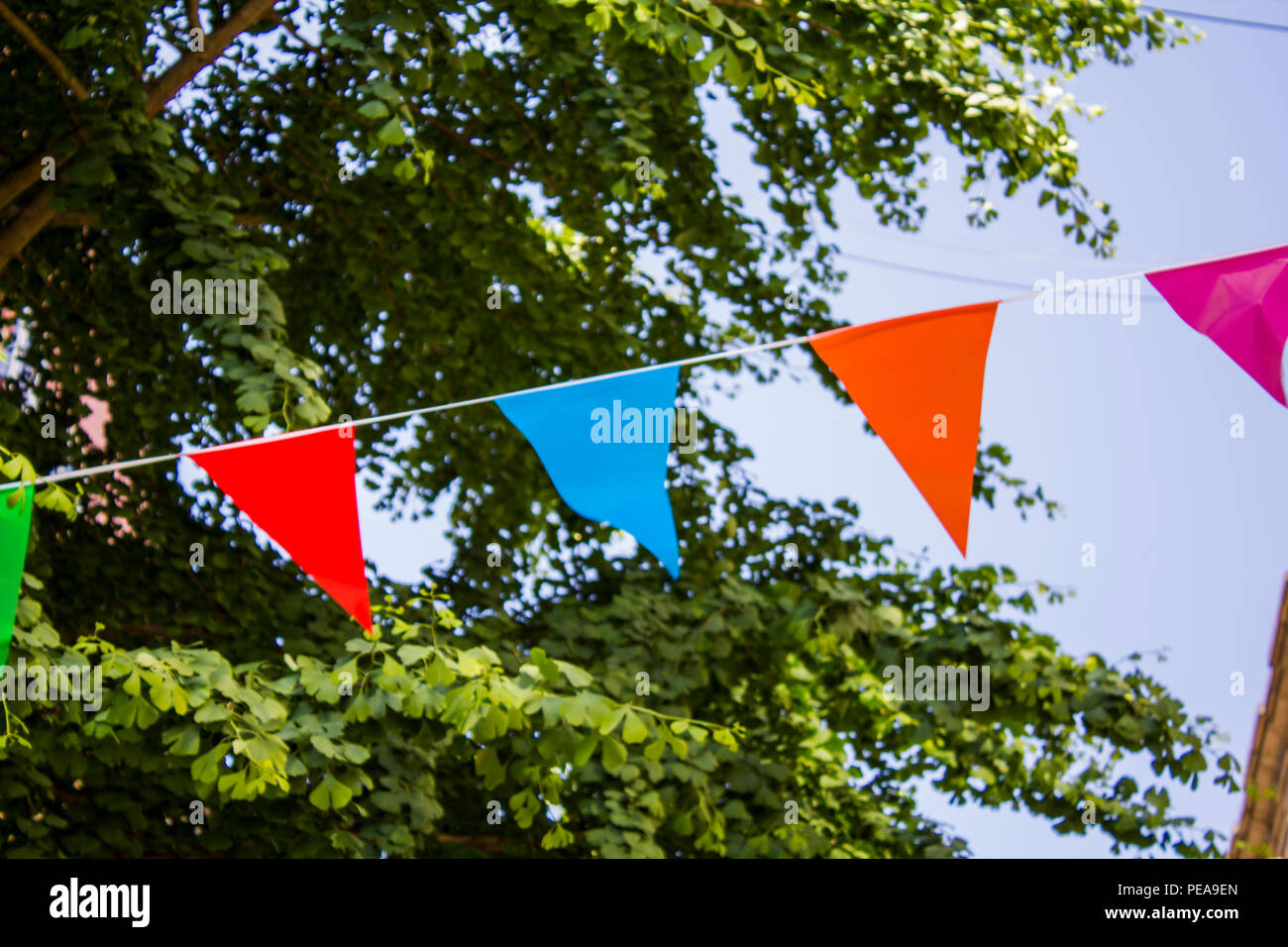 Colorful party flags on street Stock Photo - Alamy