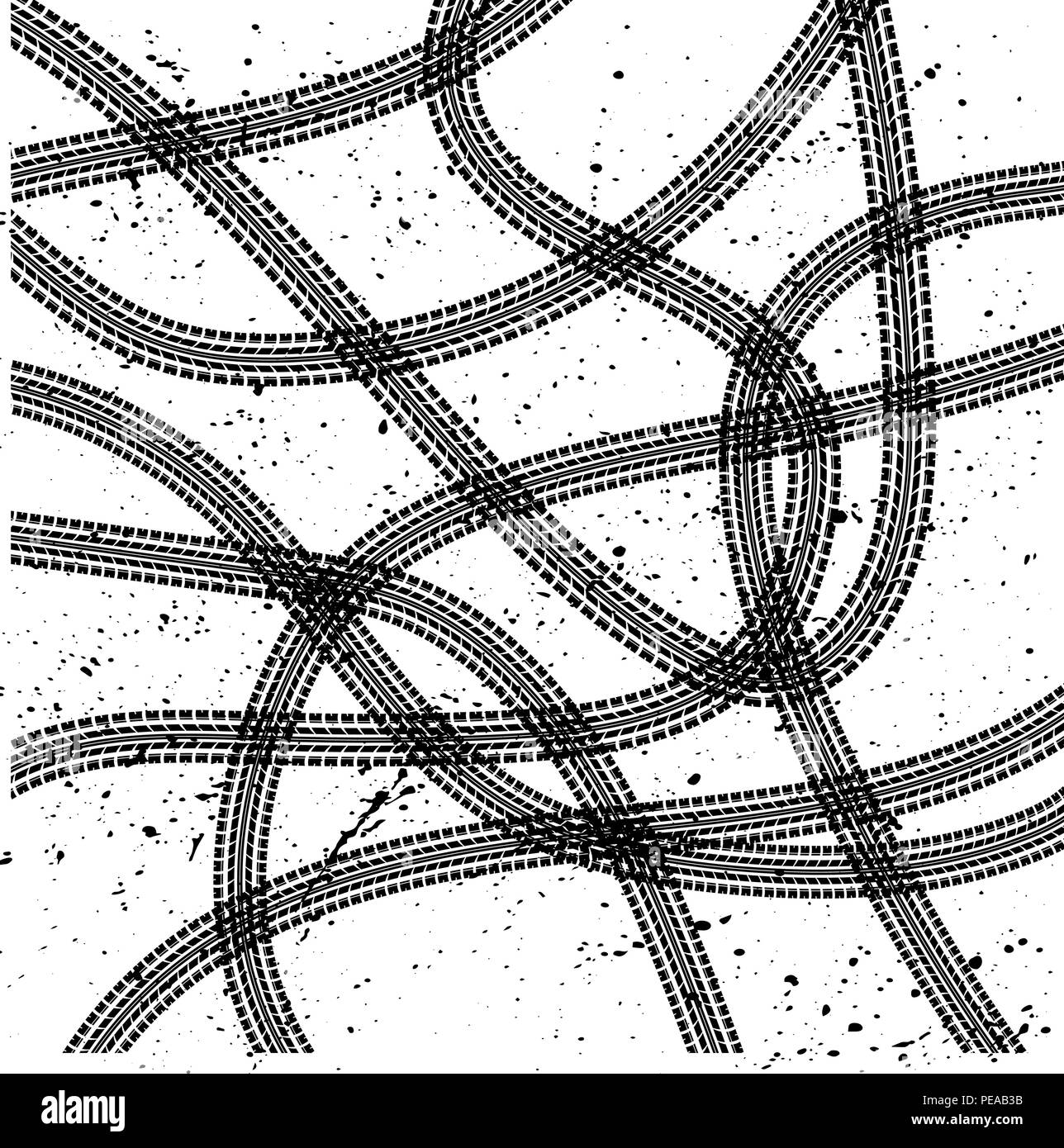 Black tire tracks swirl with ink blots isolated on white background ...