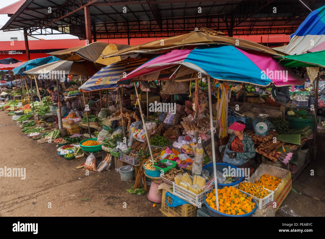 Vegetable and fruit stalls under bright umbrellas in Pakse market Stock ...