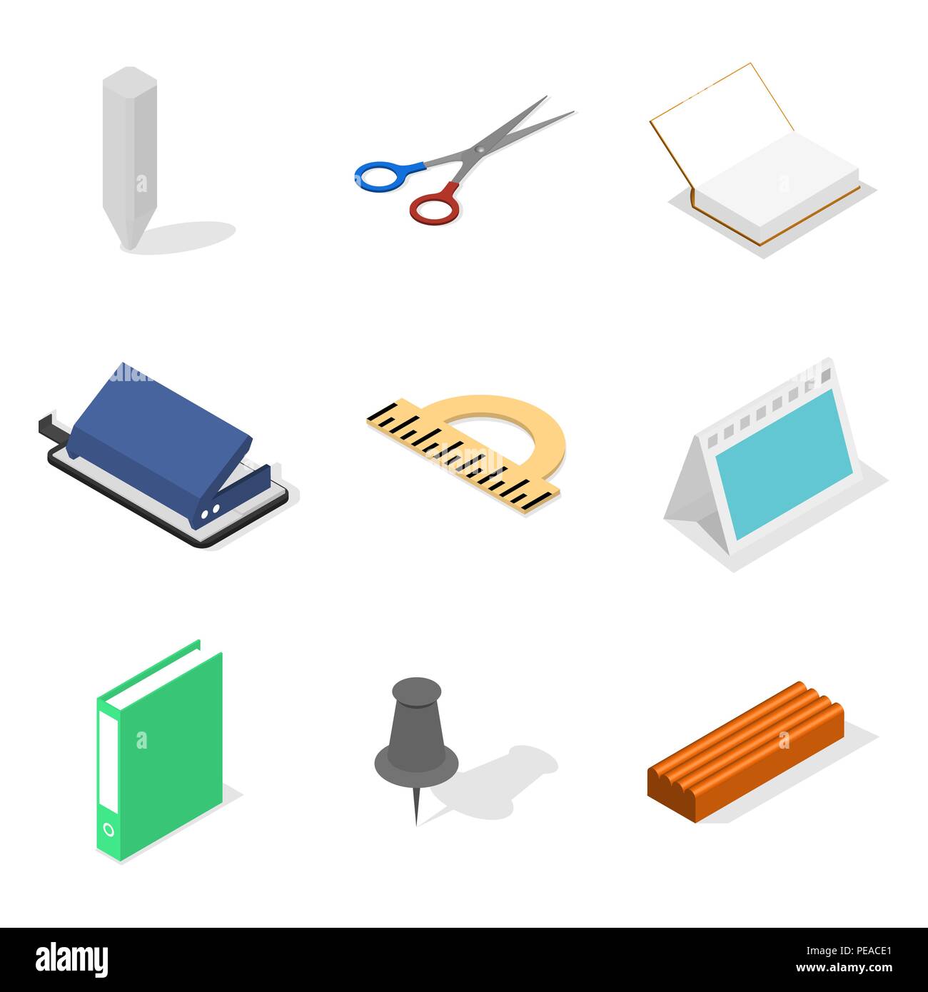 Set of icons isolated on white background, office and school. Flat 3d ...