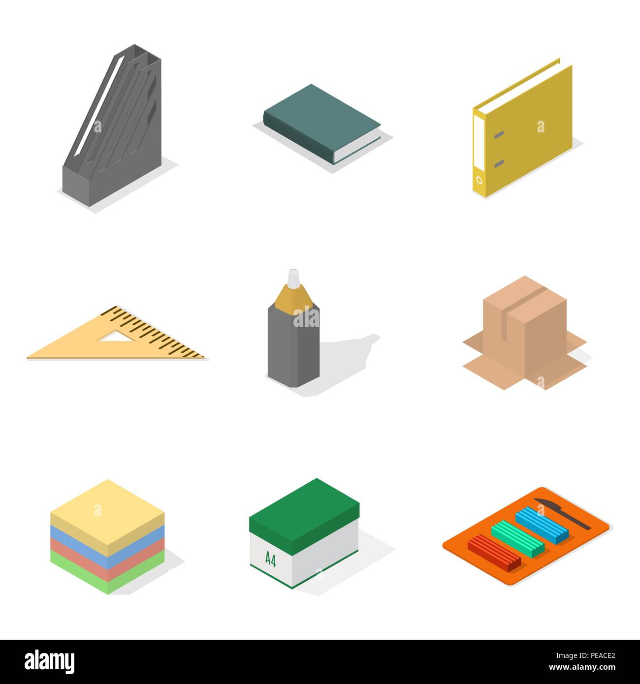 Set of icons isolated on white background, office and school. Flat 3d ...