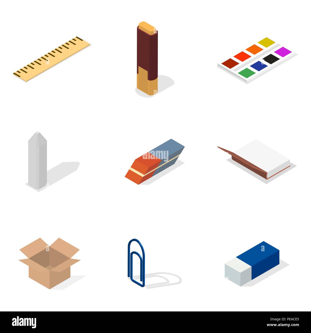 Set of icons isolated on white background, office and school. Flat 3d ...