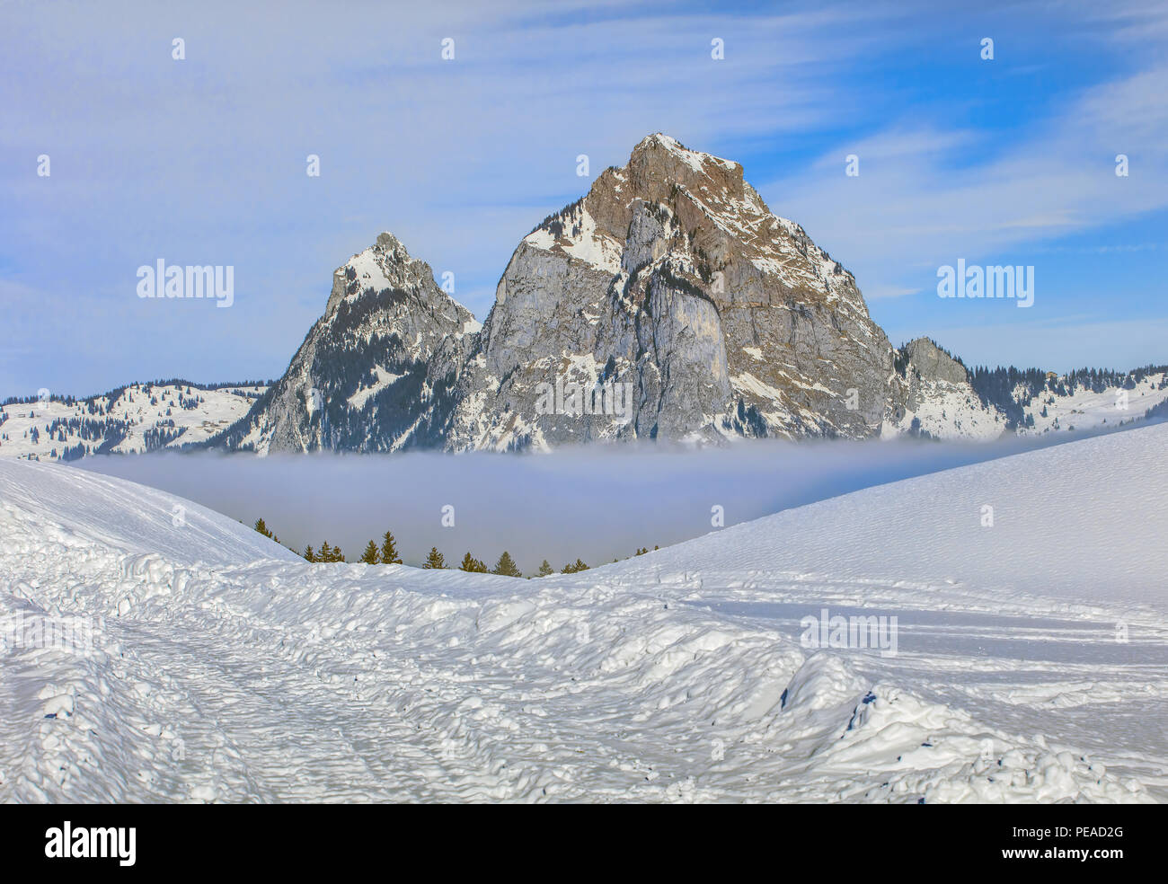 Summits of Kleiner Mythen and Grosser Mythen mountains rising from sea ...