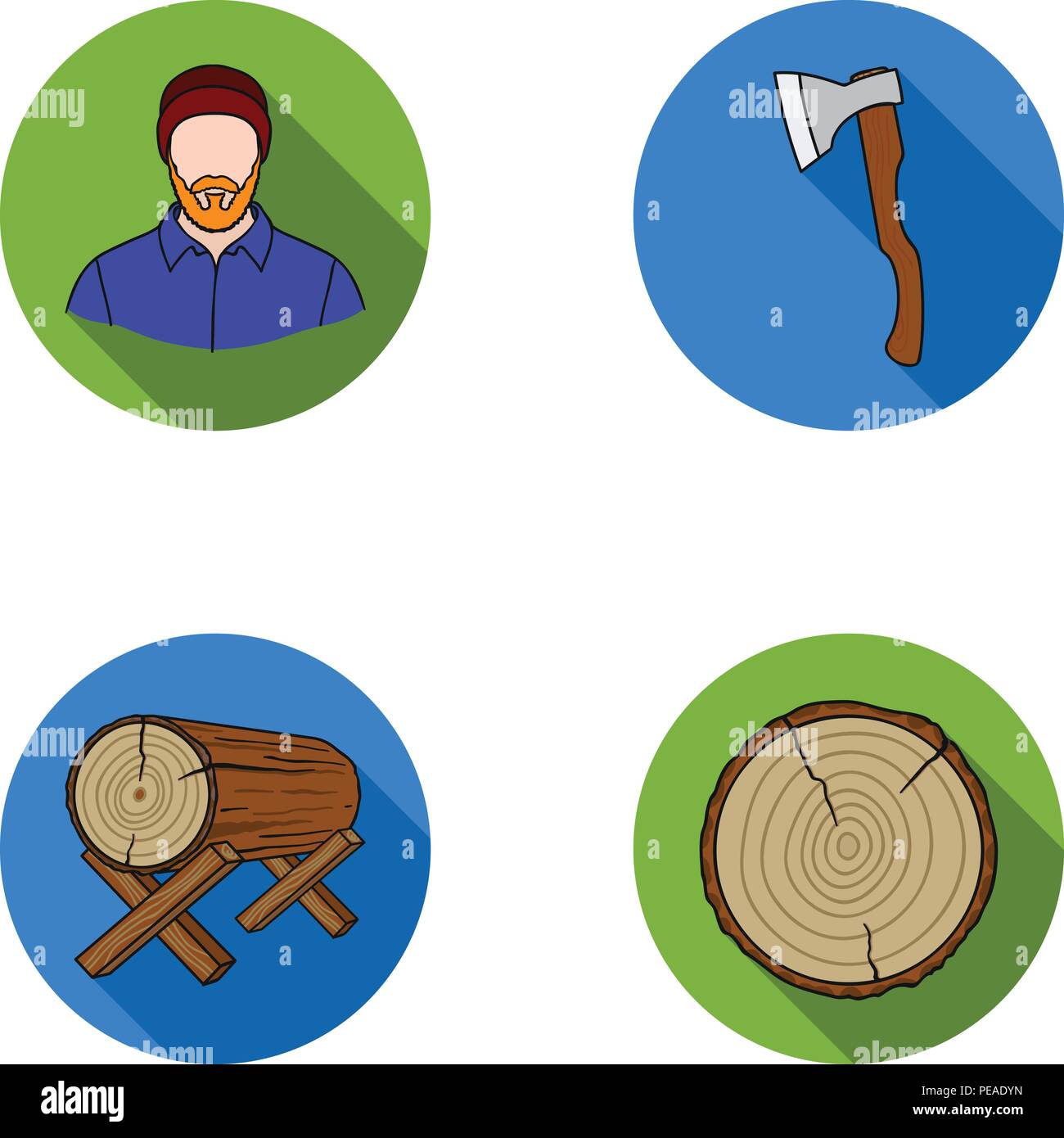 Carpenter, log on supports, ax, cut logs. Sawmill and timber set ...