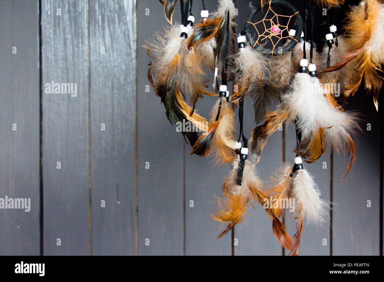 The dream catcher is made of feathers suspended in the air. Beautiful ...