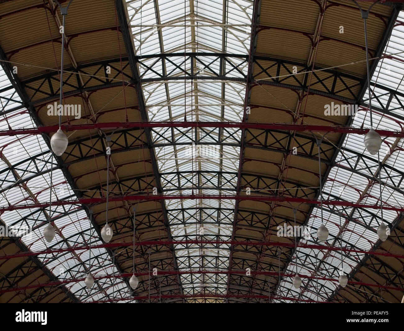 Perspective view of traditional train station's roof with steel frame ...