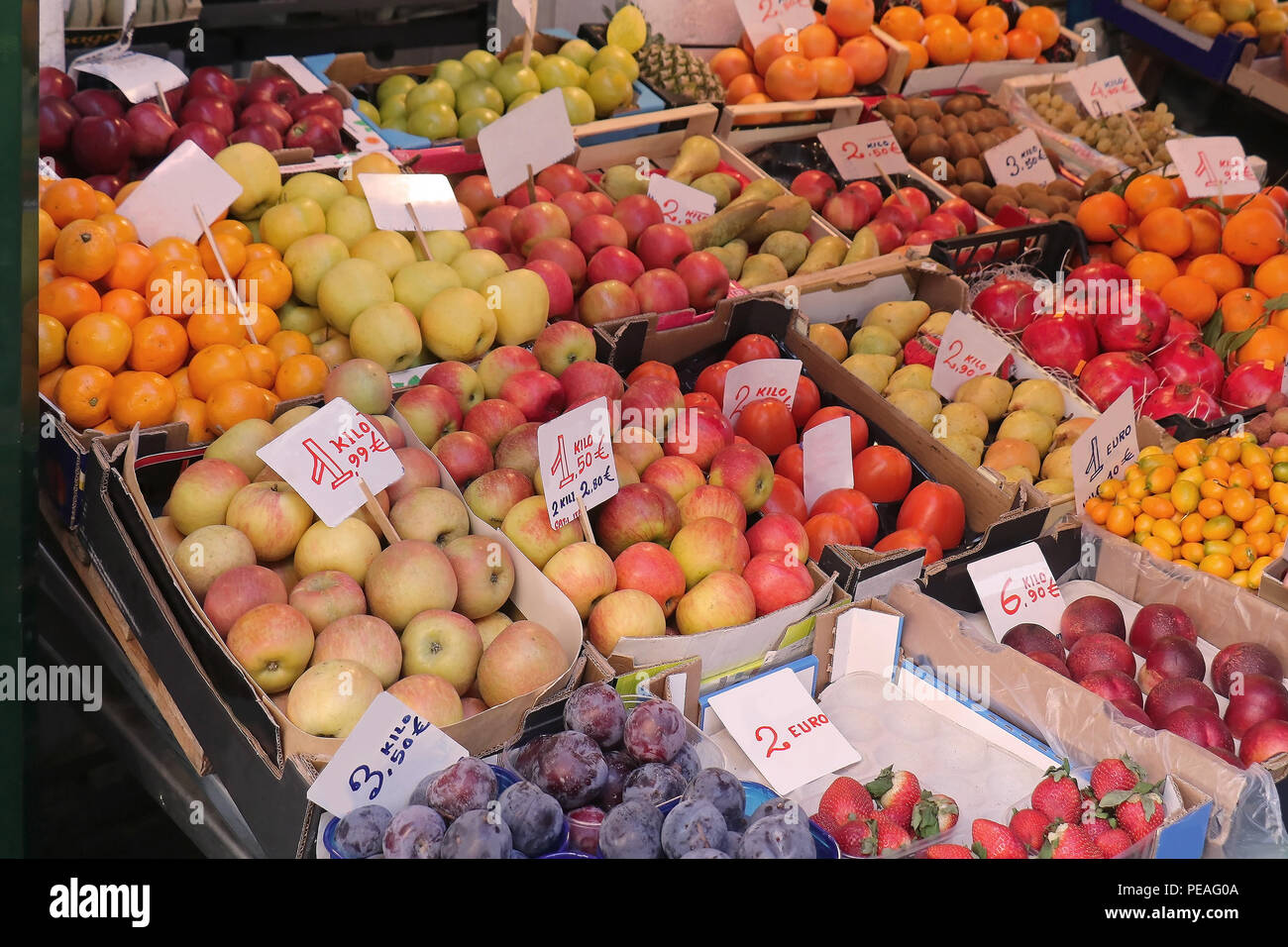 Large market stall with variety of fresh organic fruits Stock Photo - Alamy