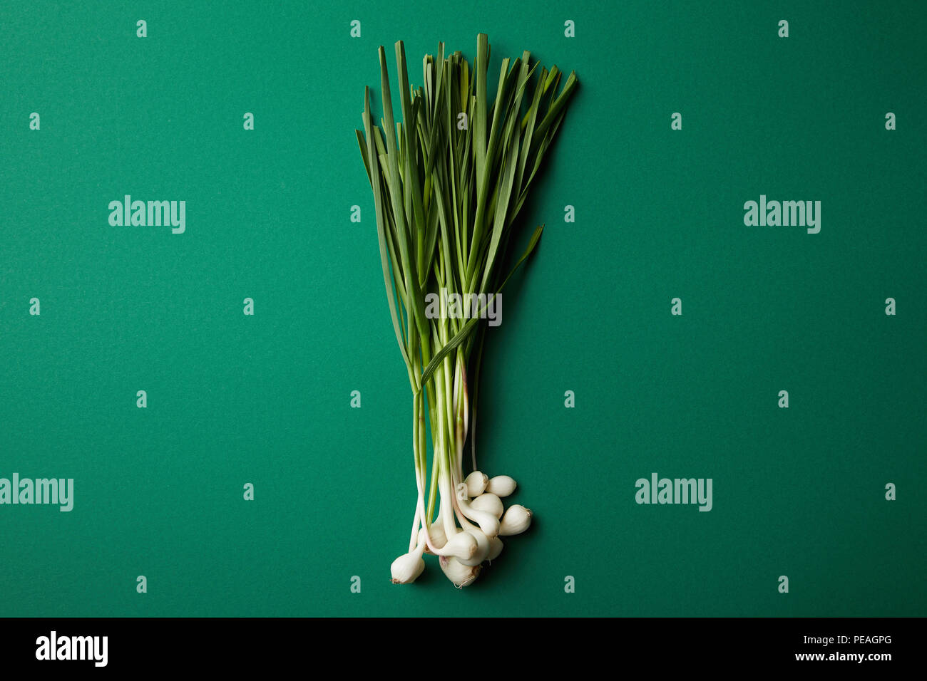 top view of bunch of garlic stems on green surface Stock Photo - Alamy