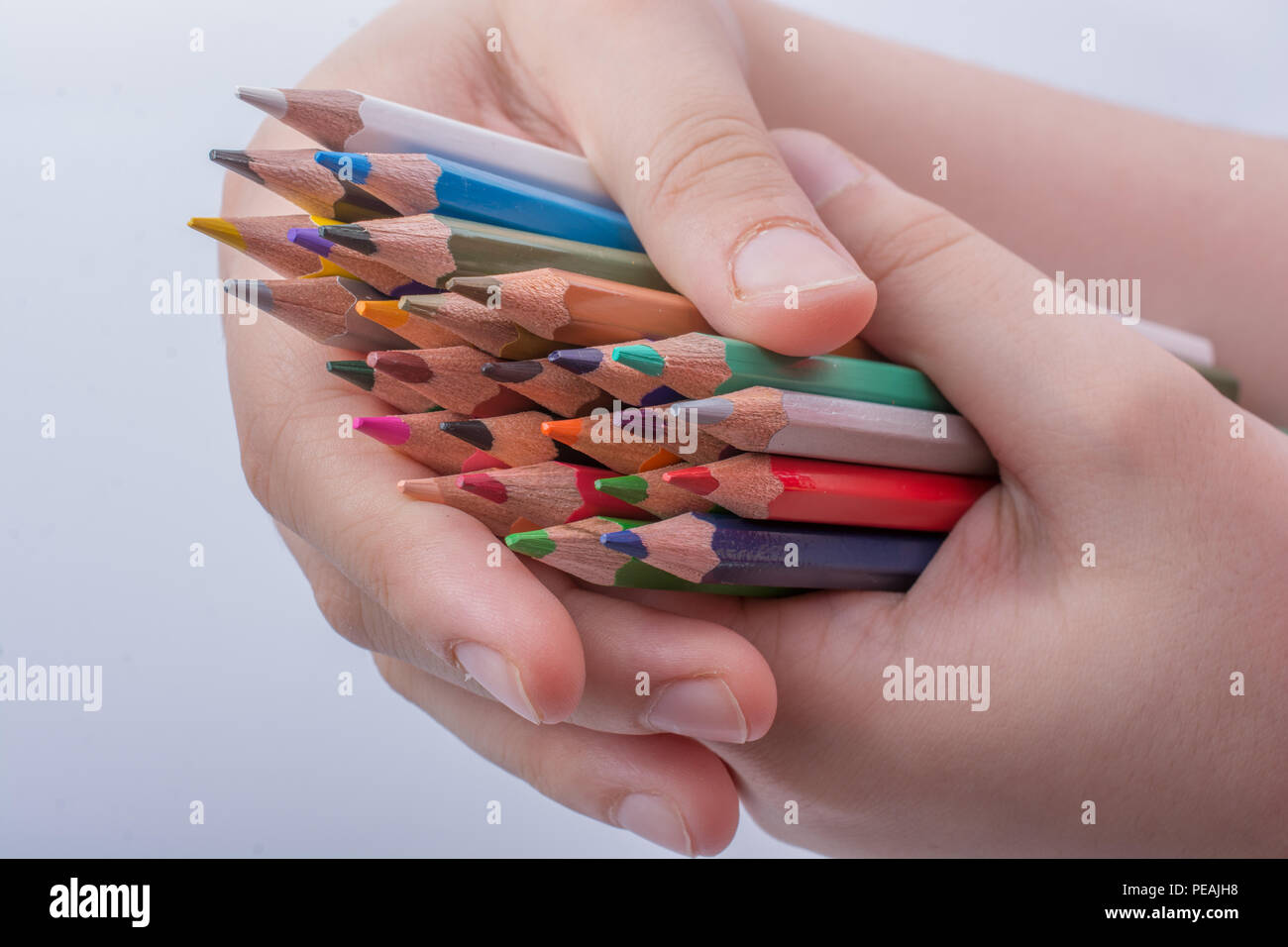 Hand holding color Pencils placed on a white background Stock Photo - Alamy