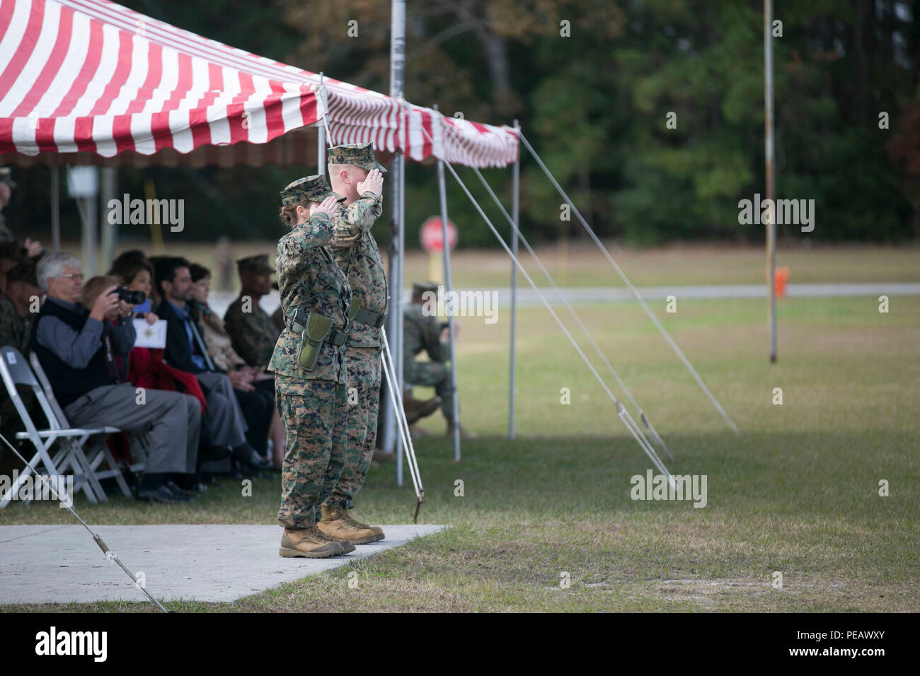 Lt. Col. David Morris (right) and Lt. Col. Lauren Edwards (left) review ...