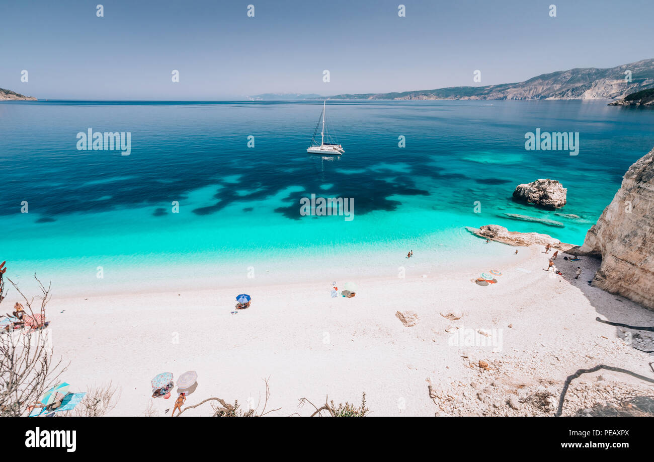 Azure water of Fteri beach, Cephalonia Kefalonia, Greece. White ...