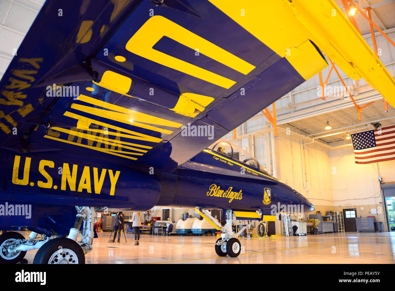 Blue Angels F-18 Hornet No. 7 sits in the hangar at the 134th Air ...
