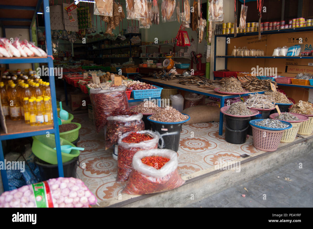 A food shop selling typical Thai food products, Phuket Town Stock Photo ...