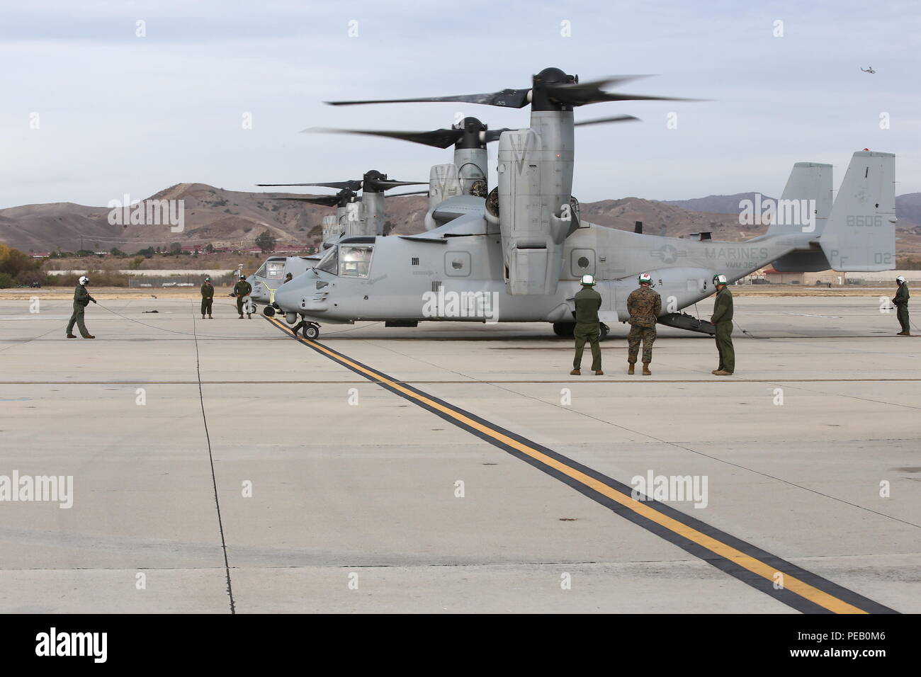 An MV22 with the “Purple Foxes” of VMM 364 prepare for a five aircraft ...