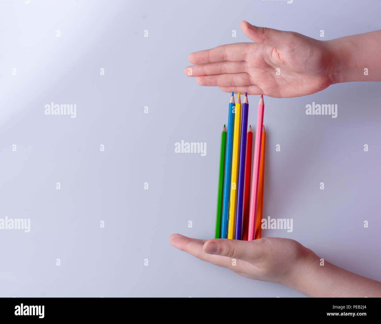 Hand holding color Pencils placed on a white background Stock Photo - Alamy