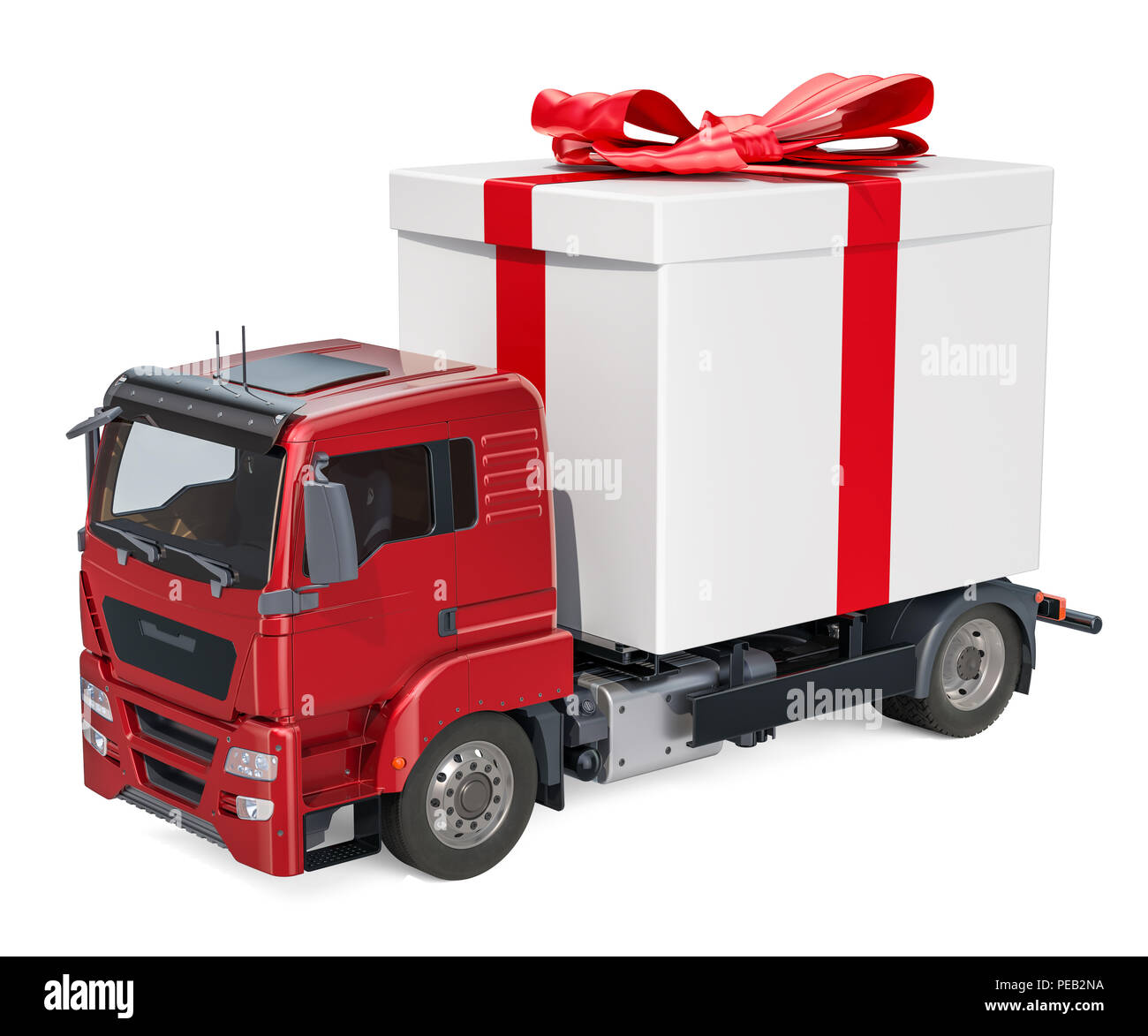 Truck with gift box. Gift delivery concept, 3D rendering isolated on ...