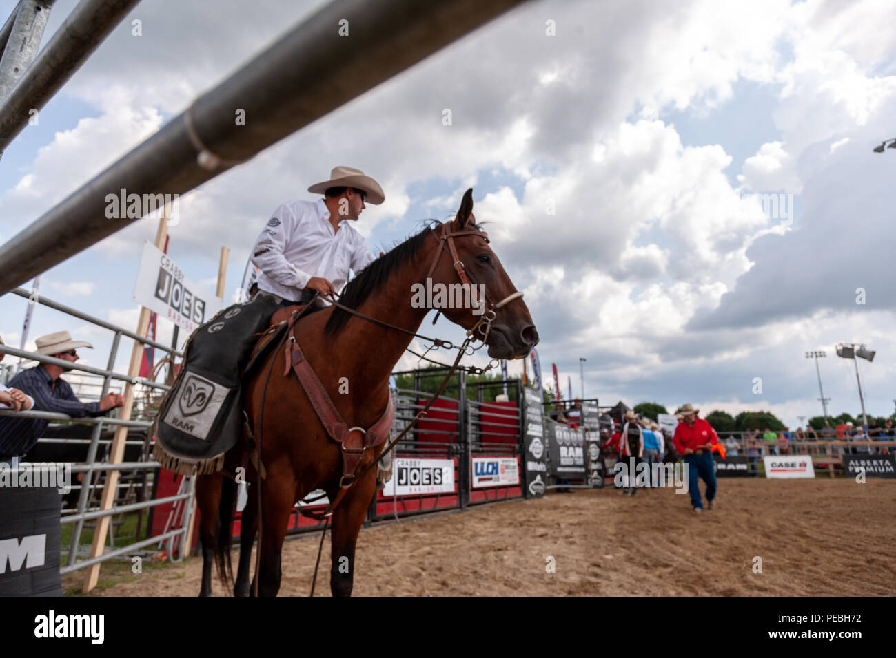 Professional cowboys compete in the saddle bronc portion of the 2018 ...