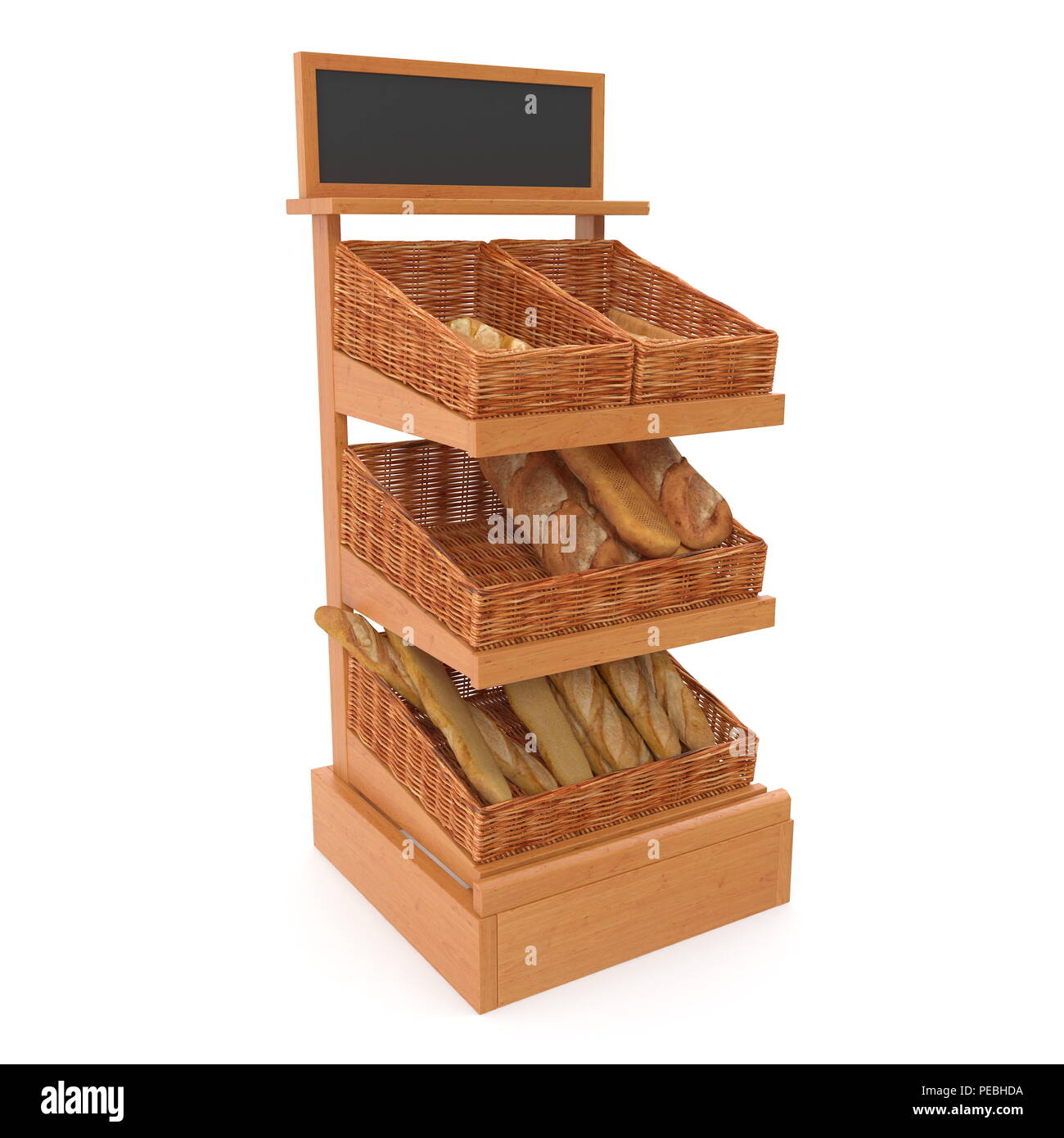 Rattan Bakery Slatted Shelf Fixture on white. 3D illustration Stock ...